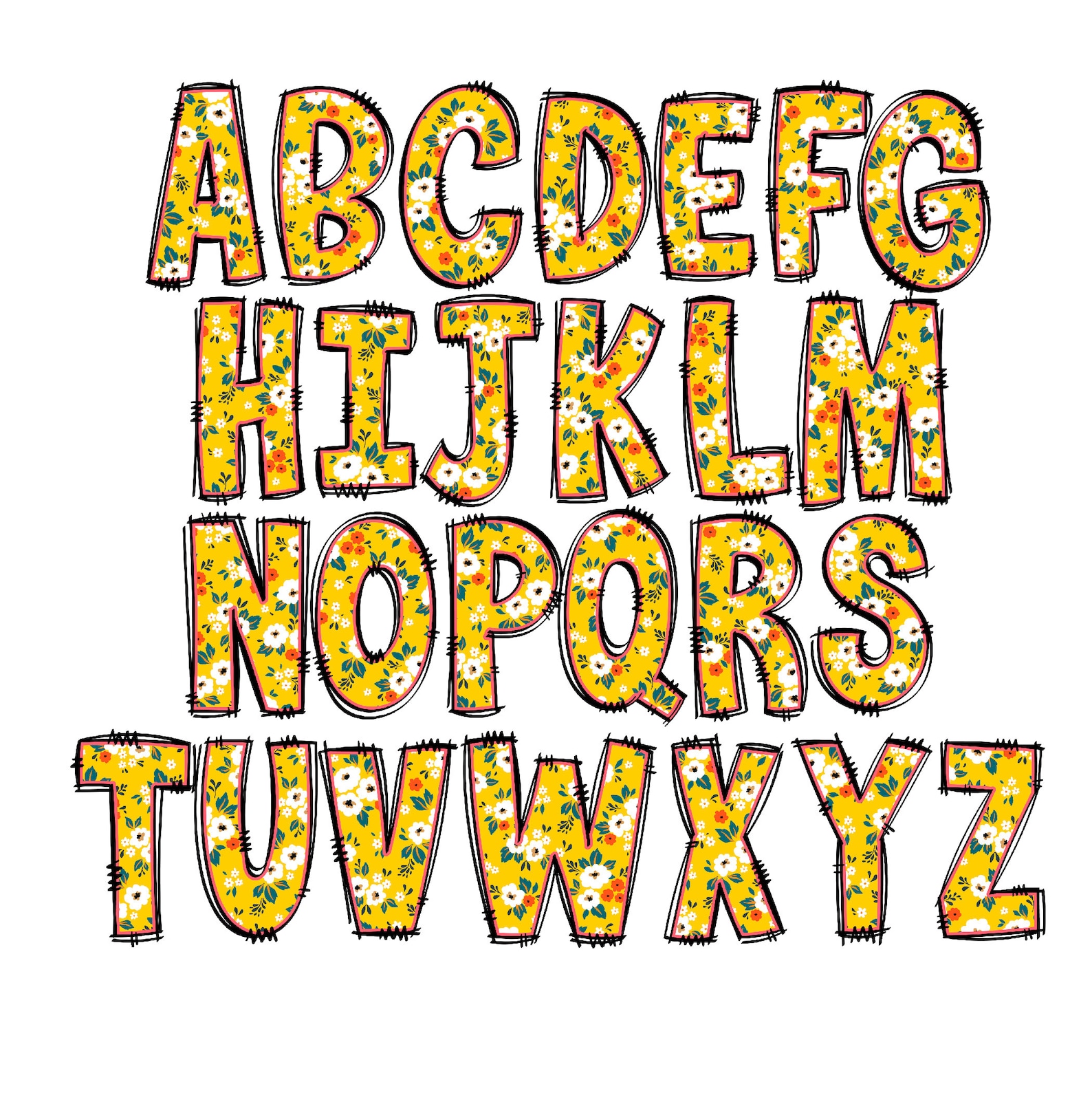 PNG Bundle Alphabet, Doodle Alpha Sets With Floral Pattern Fills, Plaid ...