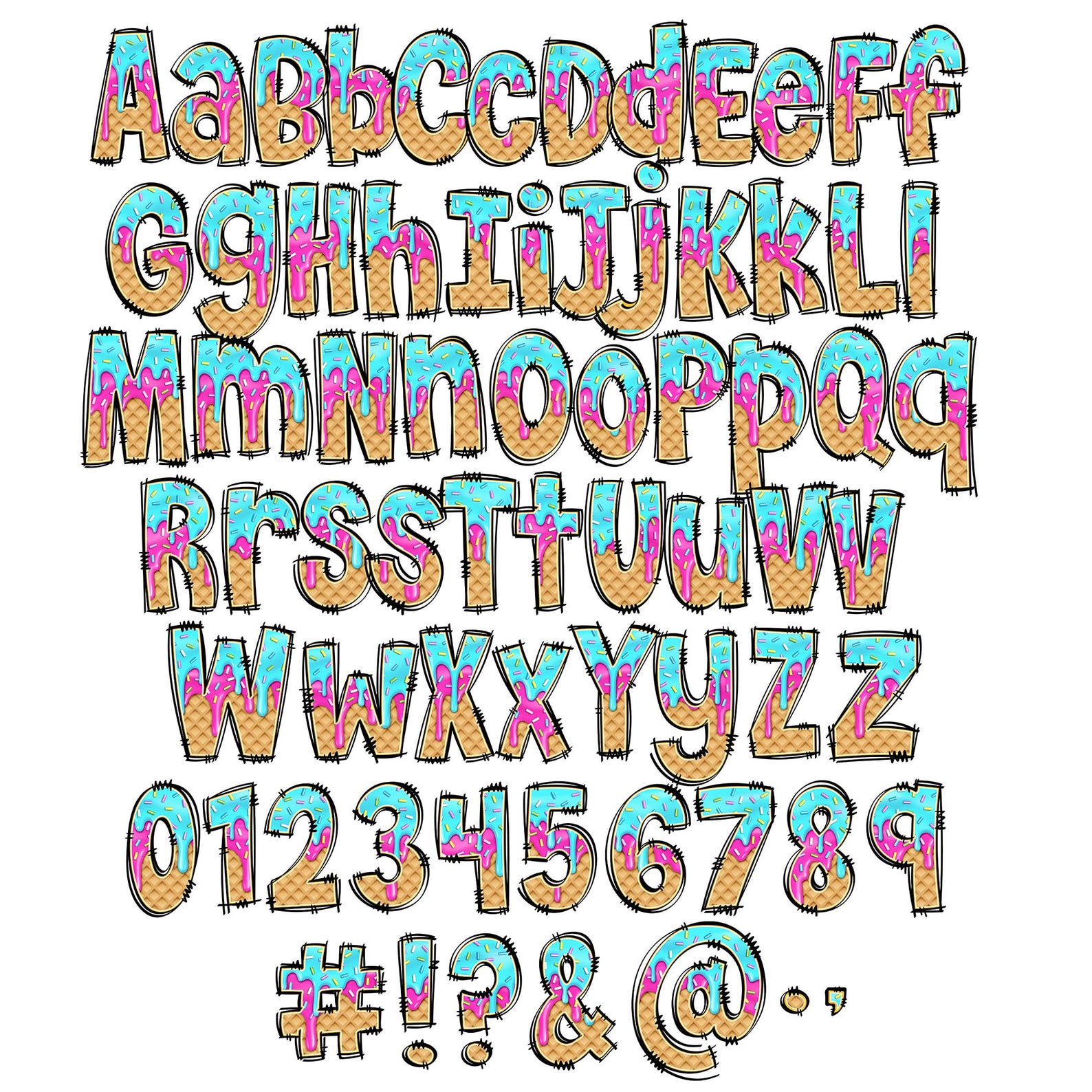 Ice-cream Drip Doodle PNG Alphabet, Pink & Blue Drippy Doodle Letters ...