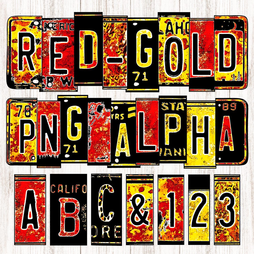 Red & Gold License Plate Alphabet, Mix Match Letters, Grunge Leopard ...