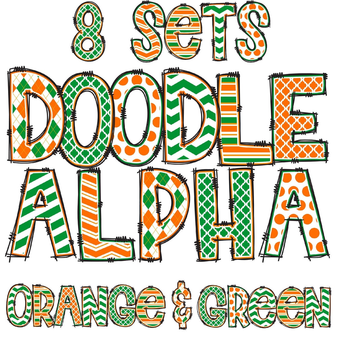 March Alphabet, 8 Set Bundle, Doodle Letters, Green & Orange Pattern ...