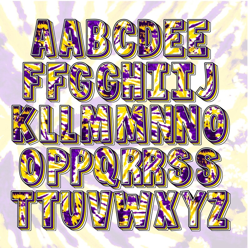 Tiedye Alphabet PNG, Purple White & Yellow Gold Shadow Letters ...