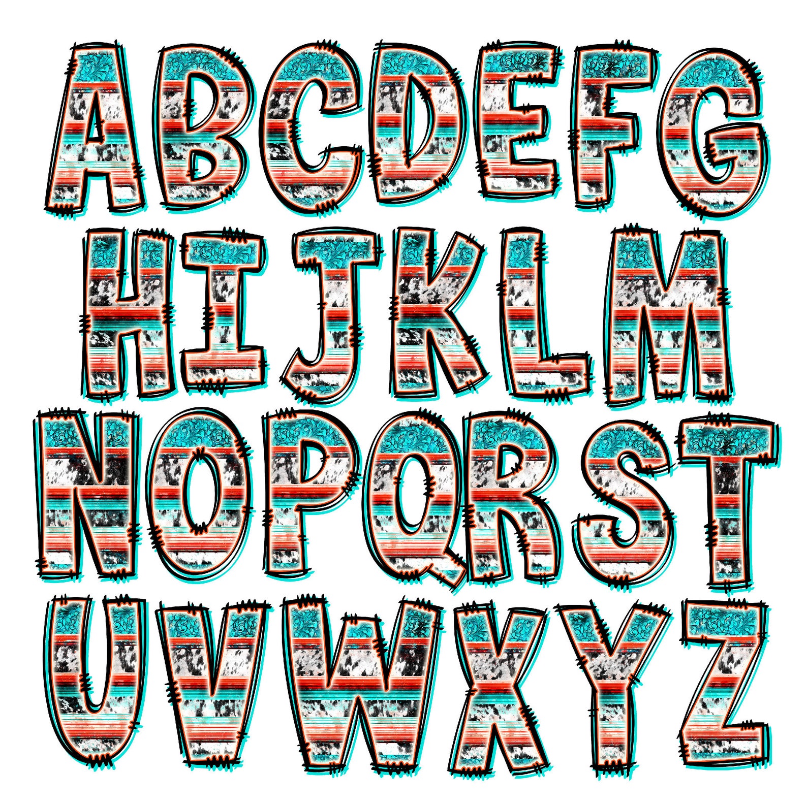 Turquoise Cow Serape Alphabet Uppercase Lowercase and - Etsy