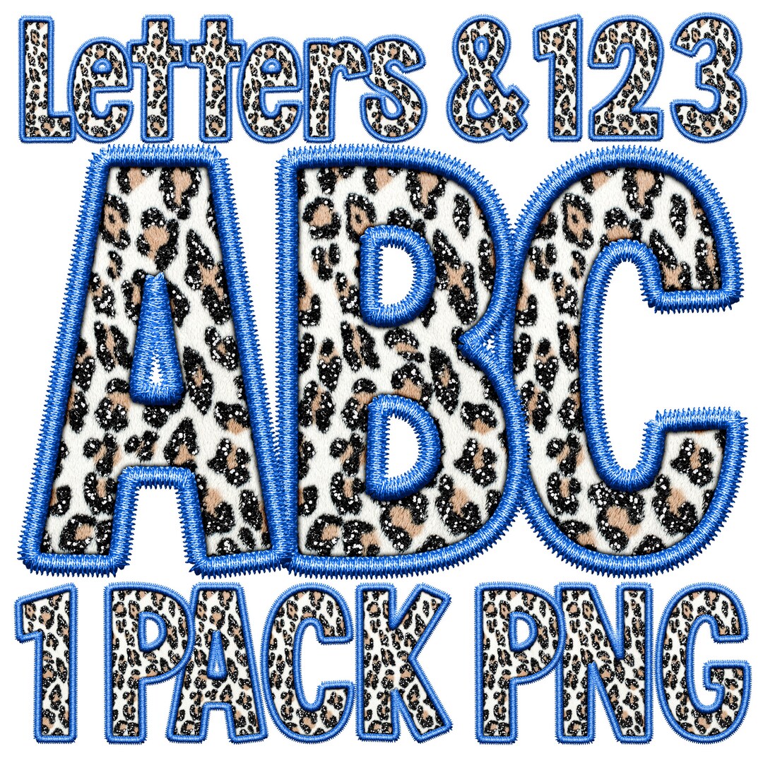 Digital Leopard PNG Alphabet, Faux Embroidery Royal Blue Stitch Alpha ...