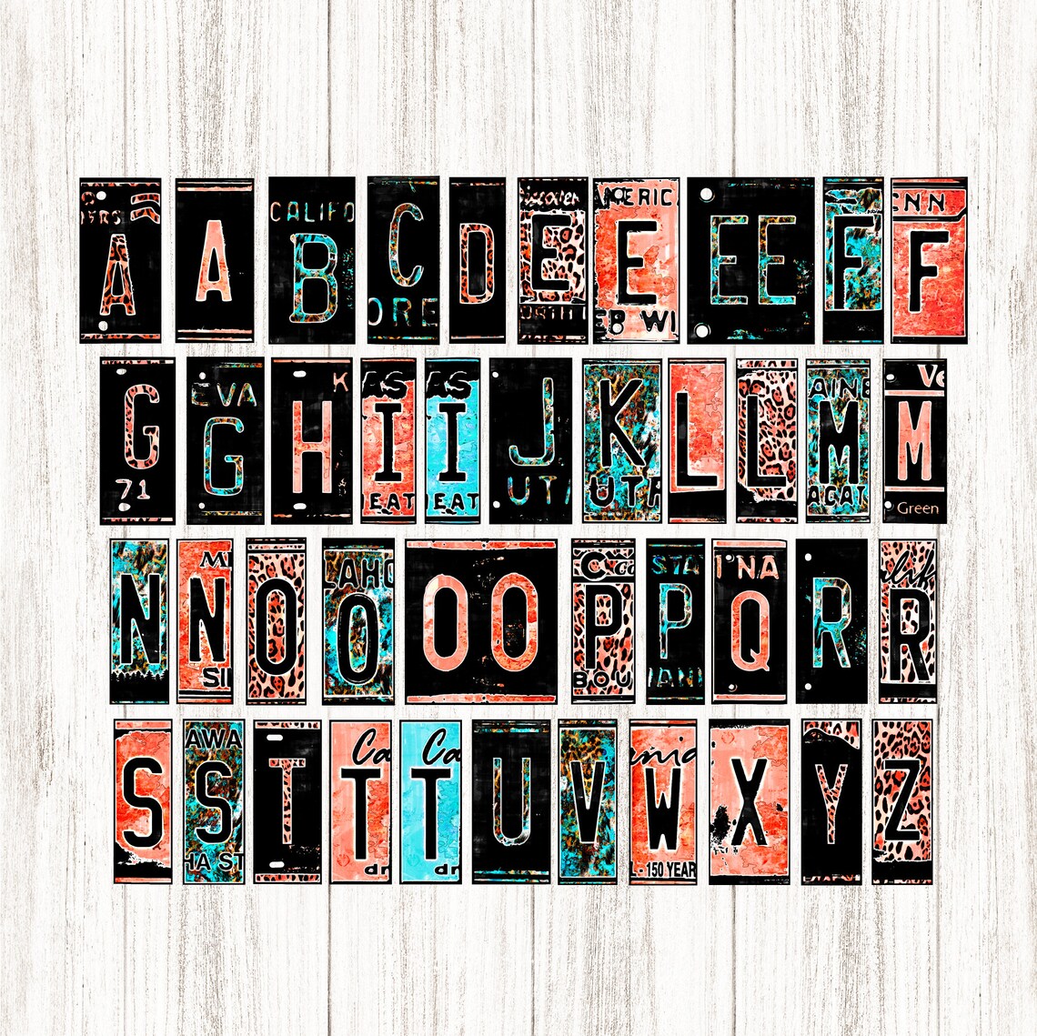 License Plate Alphabet Teal Turquoise Coral Alpha Grunge - Etsy