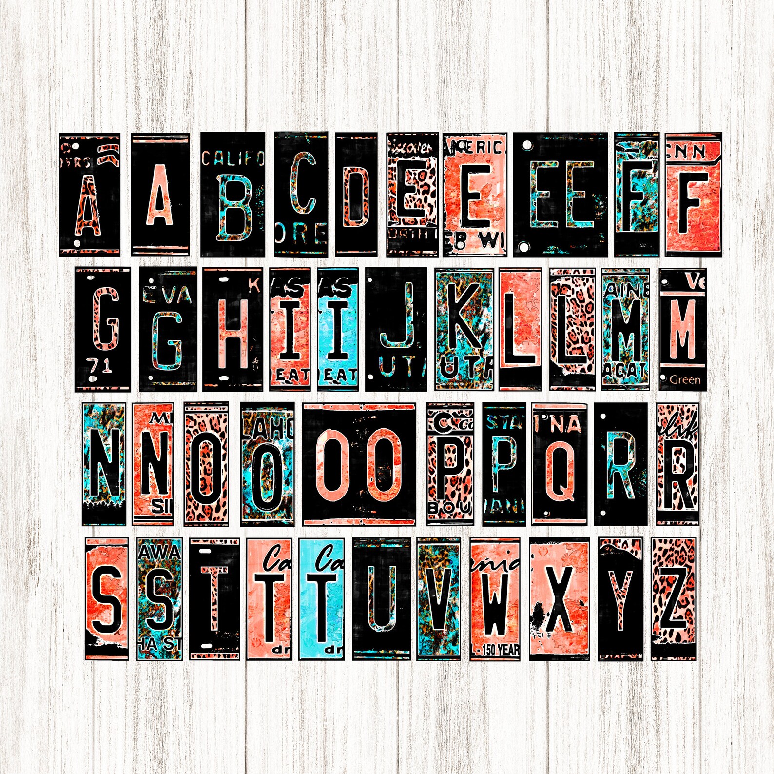 License Plate Alphabet Teal Turquoise Coral Alpha Grunge - Etsy