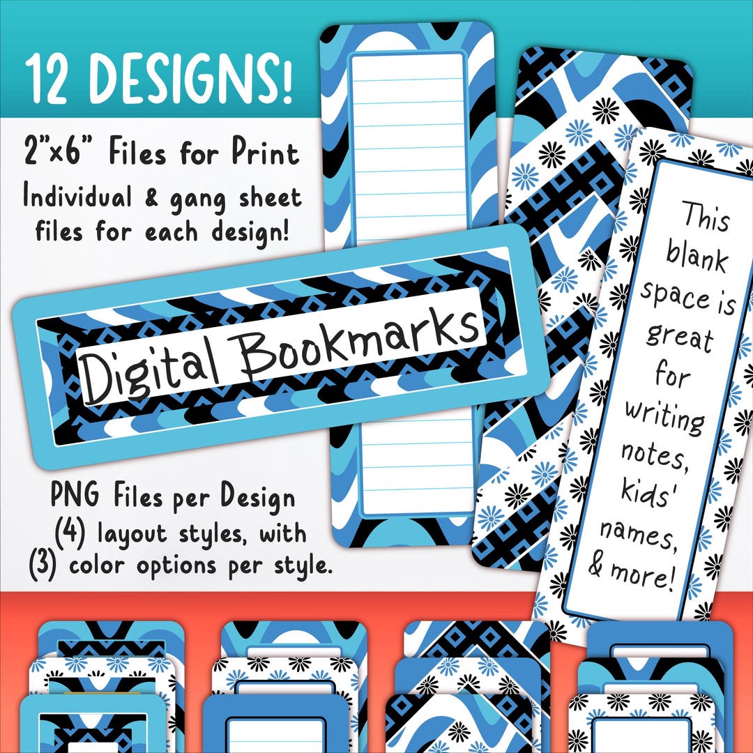Digital Bookmarks (printable), Clipart Bundle Set of 12 | Lined & Blank ...