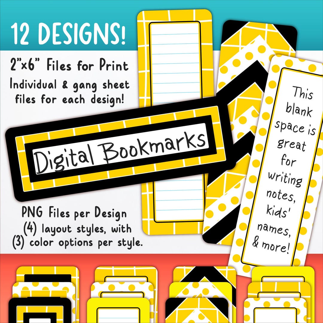 Digital Bookmarks (printable), Clipart Bundle Set of 12 | Lined & Blank ...