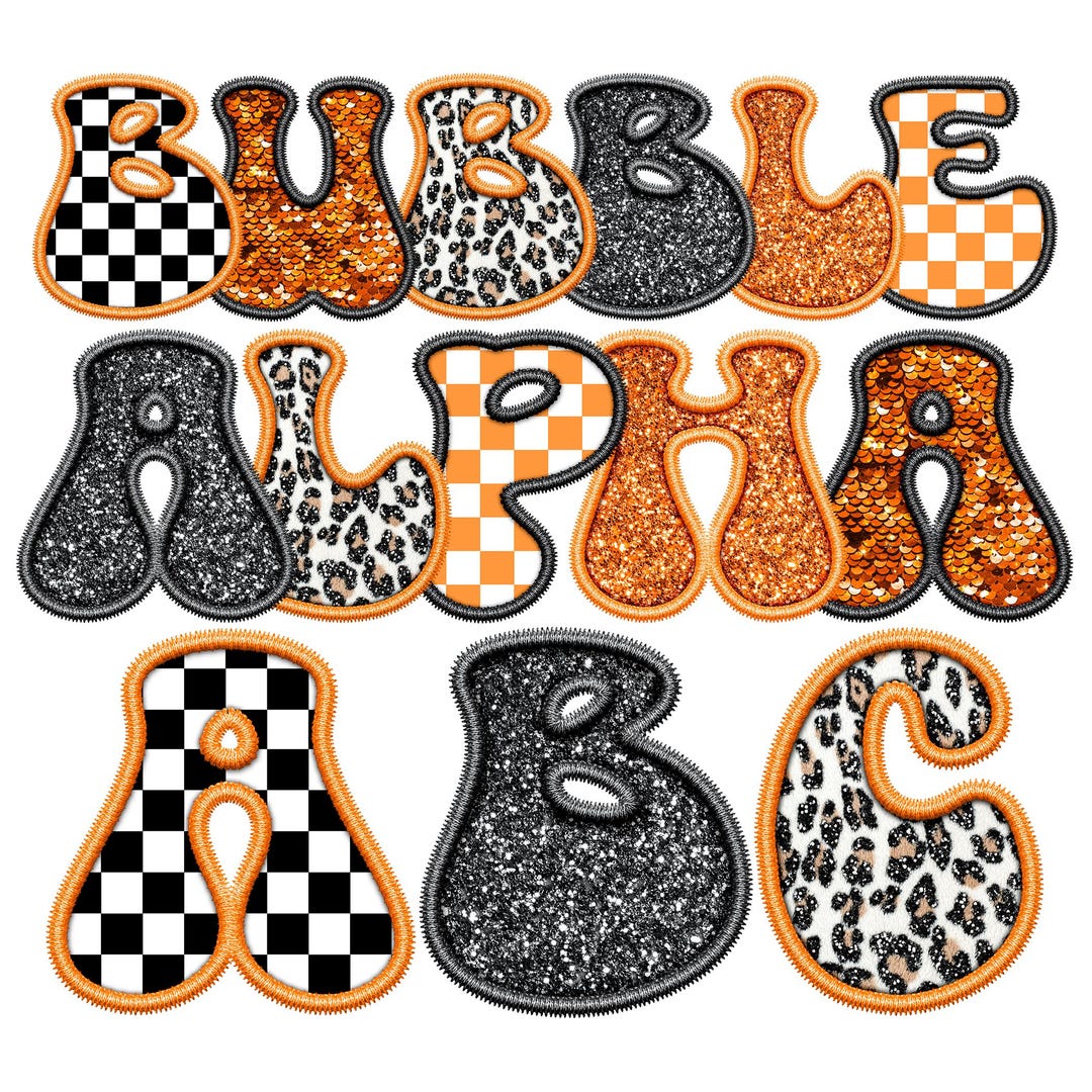Faux Embroidery Alphabet PNG Bundle for Fall, Retro Bubble Applique ...