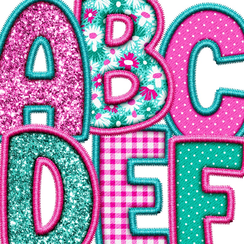 Spring Faux Embroidery PNG Alphabet Bundle, Pink Teal Alphabets With ...