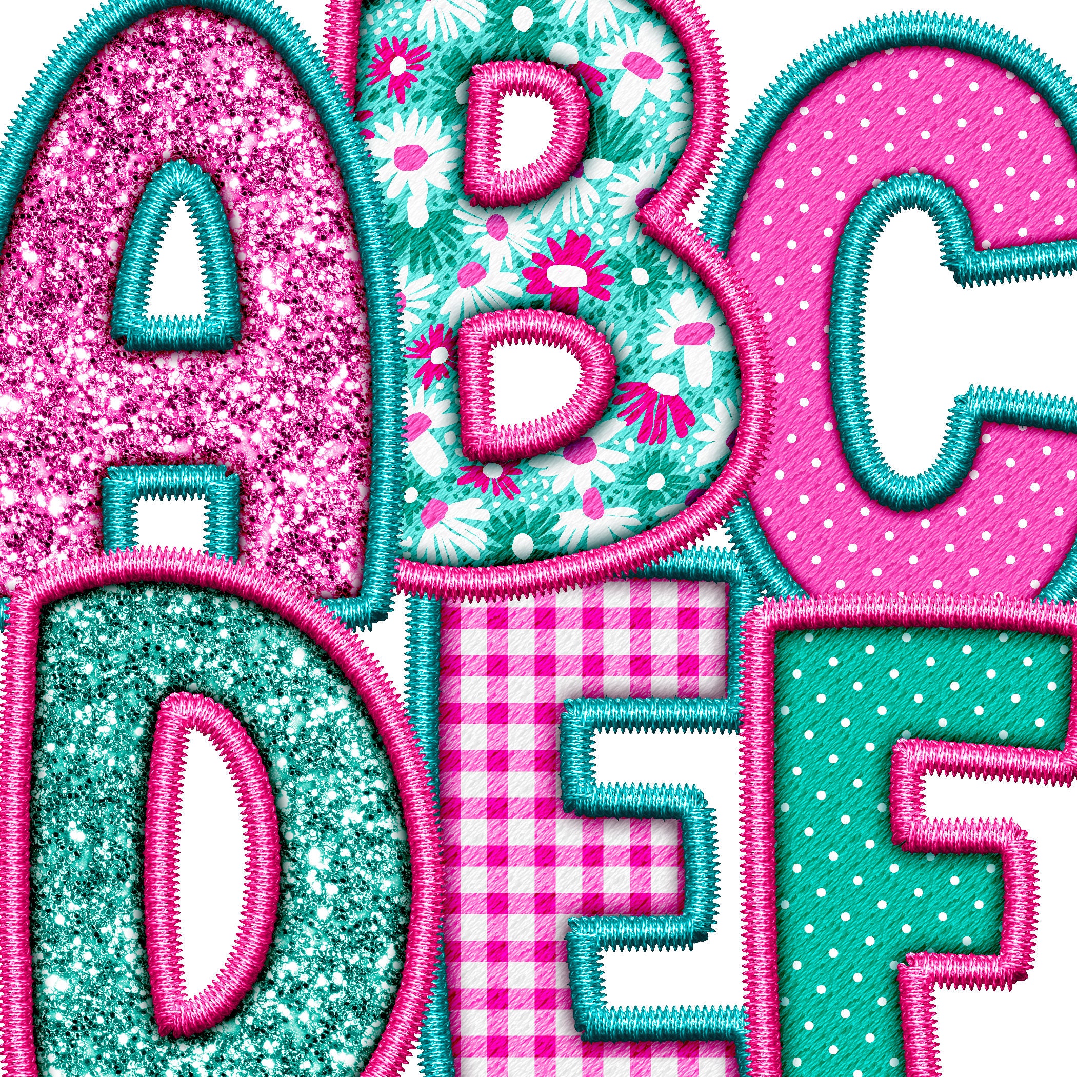 Spring Faux Embroidery PNG Alphabet Bundle, Pink Teal Alphabets With ...