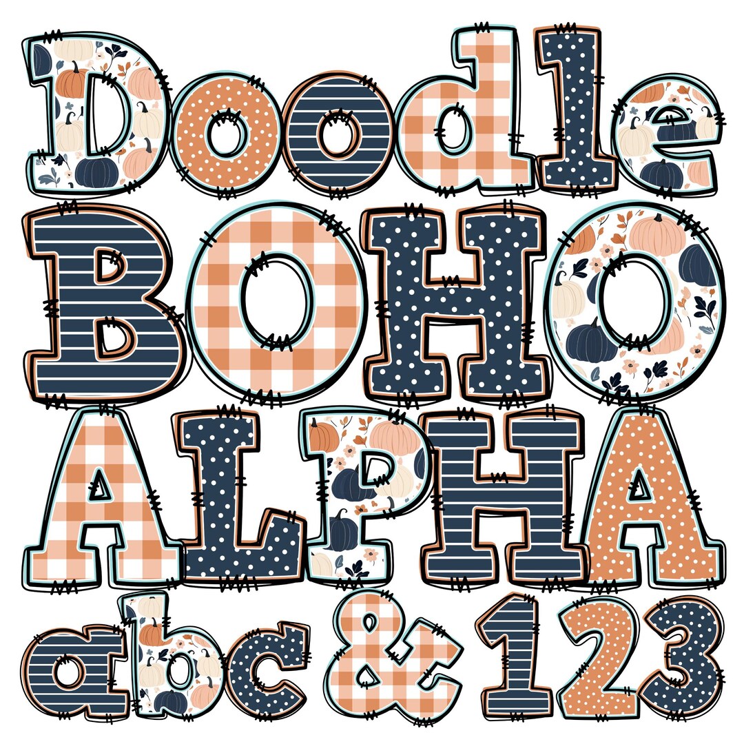 Boho Fall Doodle Alphabet, 5 Pack Bundle Set, Whimsical Pumpkin Floral ...