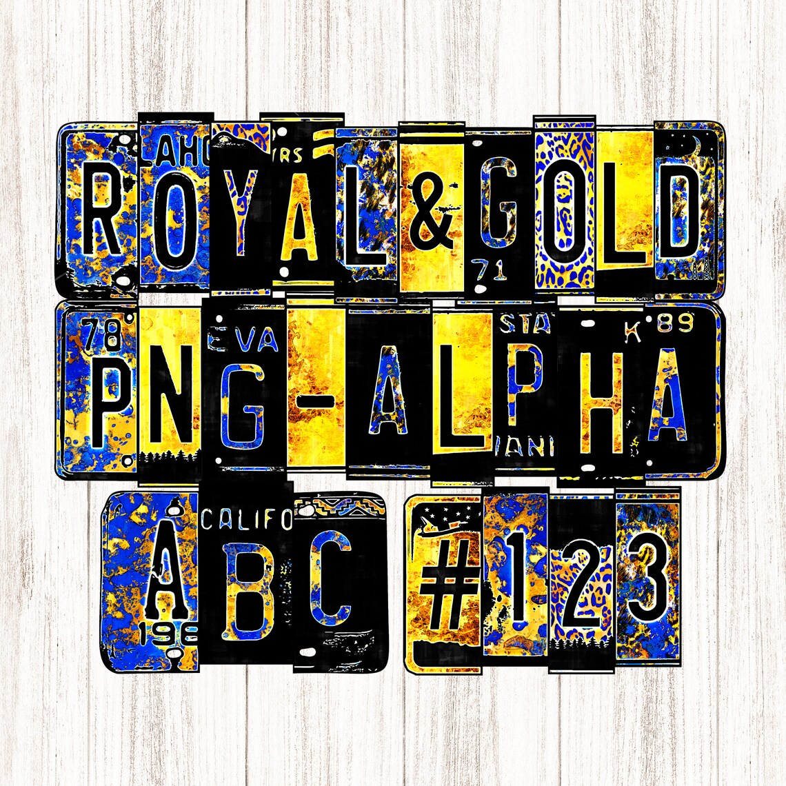 Royal Blue & Gold License Plate Alphabet, Mix Match Letters, Grunge ...
