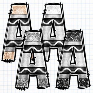 Glitter Crayons Alphabet Bundle, 14 PNG Sets, Rainbow Silver Digital ...