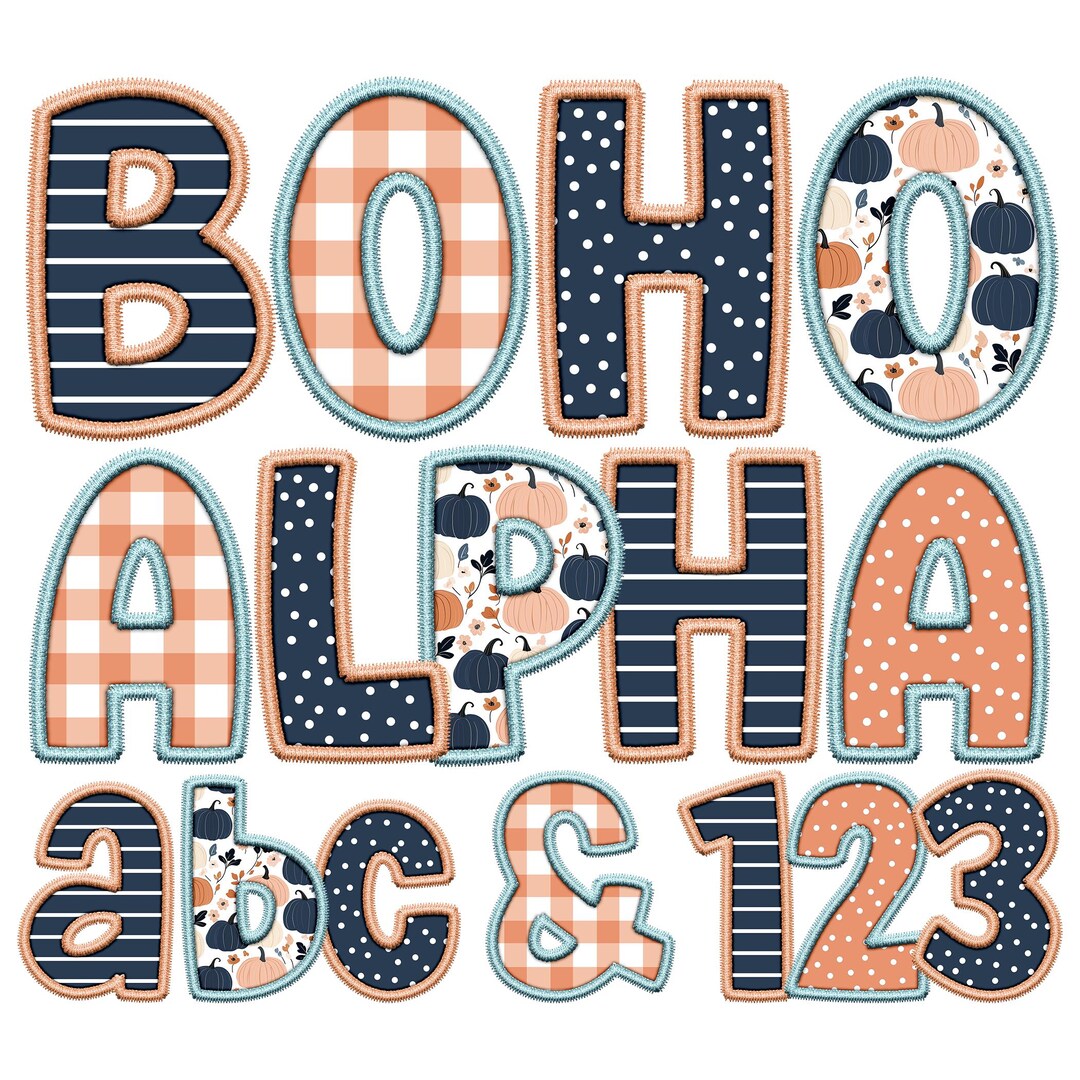 Boho Fall Alphabet, Beige Teal Navy White, Polka Dot, Floral Pumpkin ...
