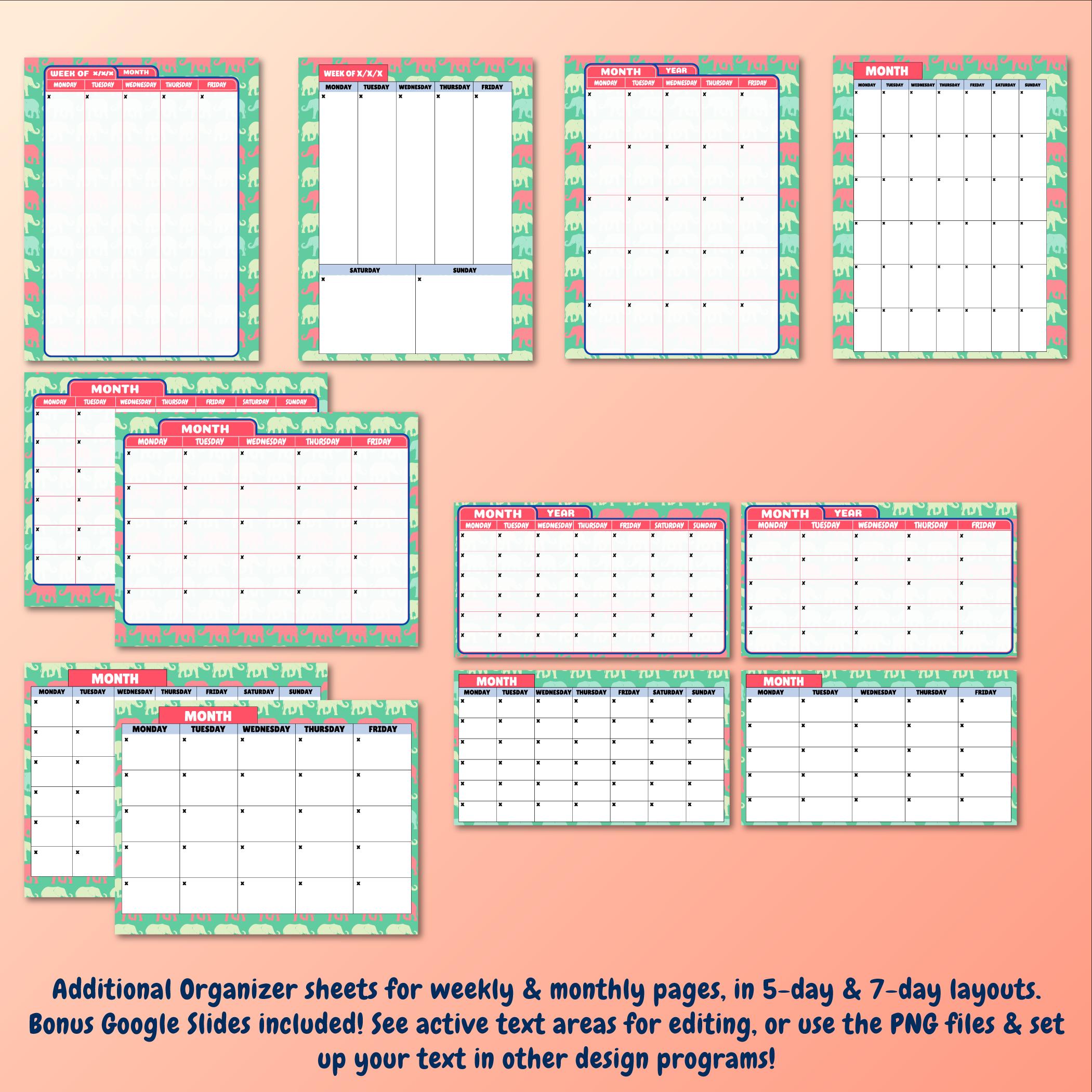 Calendar Pack - Editable Daily | Weekly | Monthly | Yearly | Elephant ...