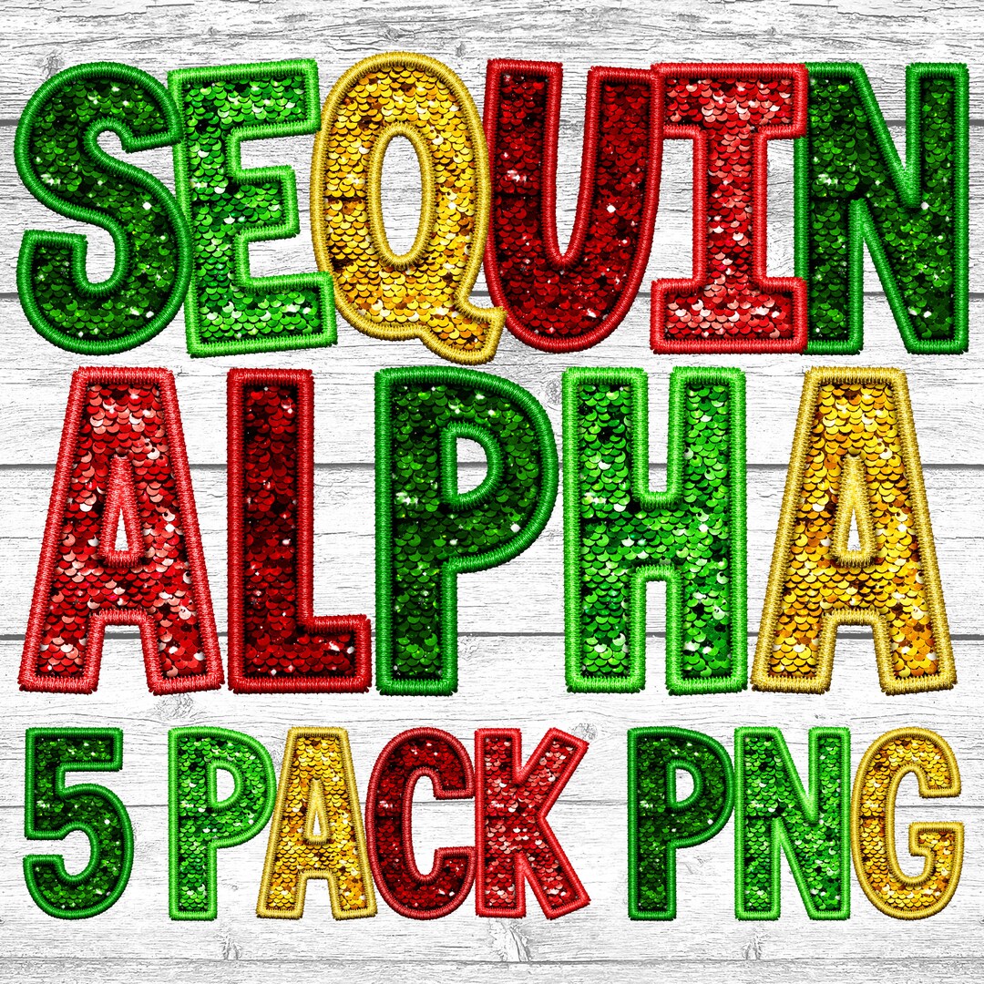 Digital Sequin PNG Alphabets, 5 Pack Bundle Faux Embroidery Stitch ...