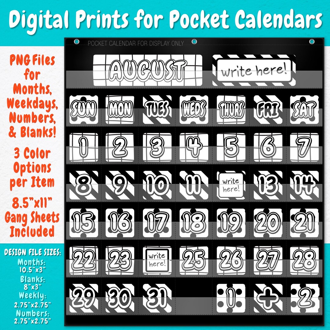 Wall Calendar - Pocket Chart for Teachers | Black, White, Ink Saver ...