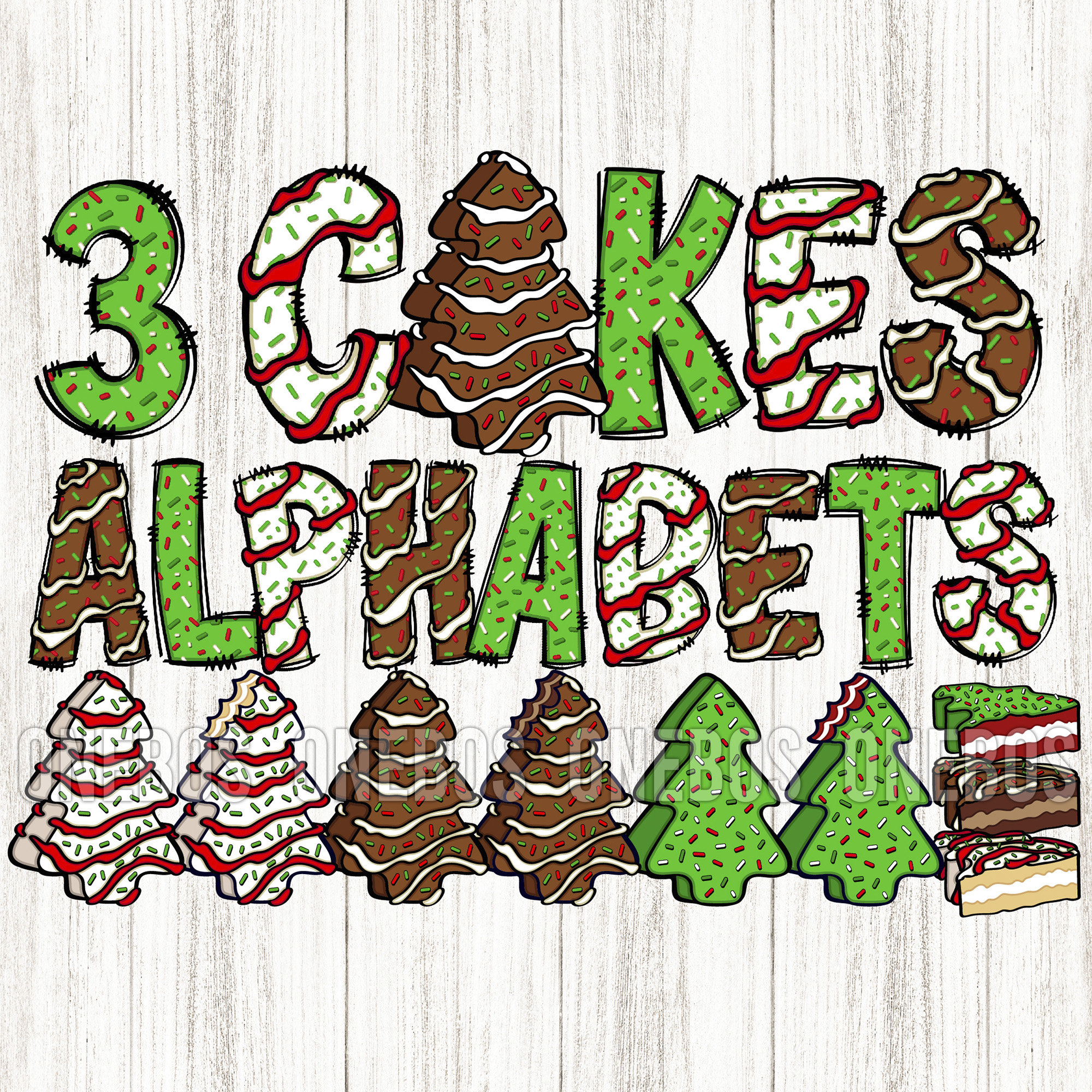 Tree Cake Alphabet PNG Bundle, Set of 3, White Brown Green Doodle ...