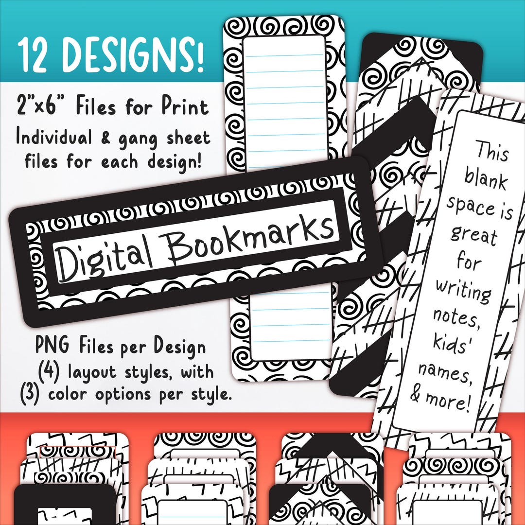Digital Bookmarks (printable), Clipart Bundle Set of 12 | Lined & Blank ...