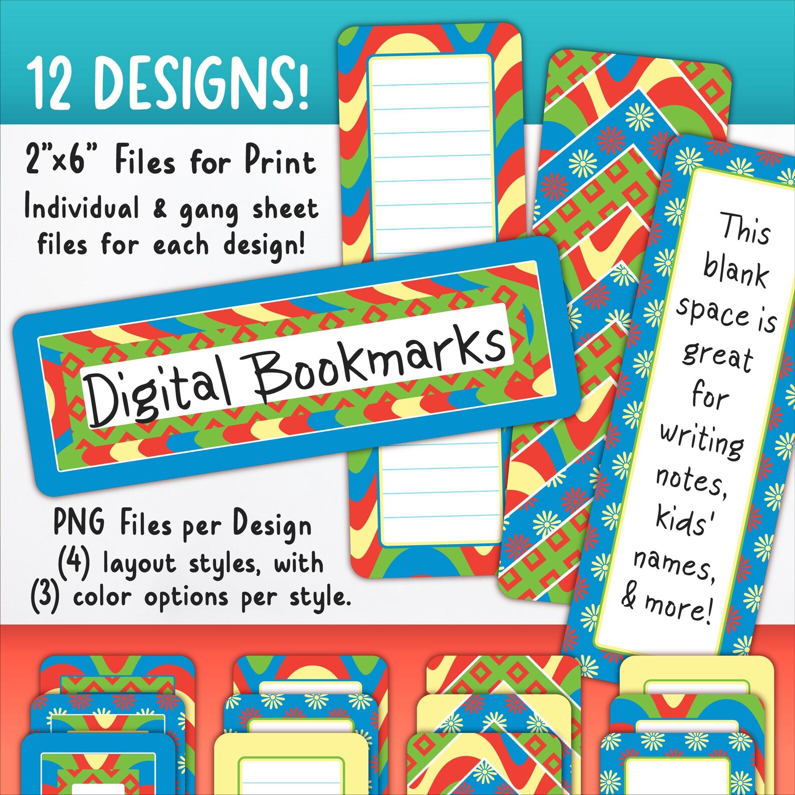 Digital Bookmarks (printable), Clipart Bundle Set of 12 | Lined & Blank ...