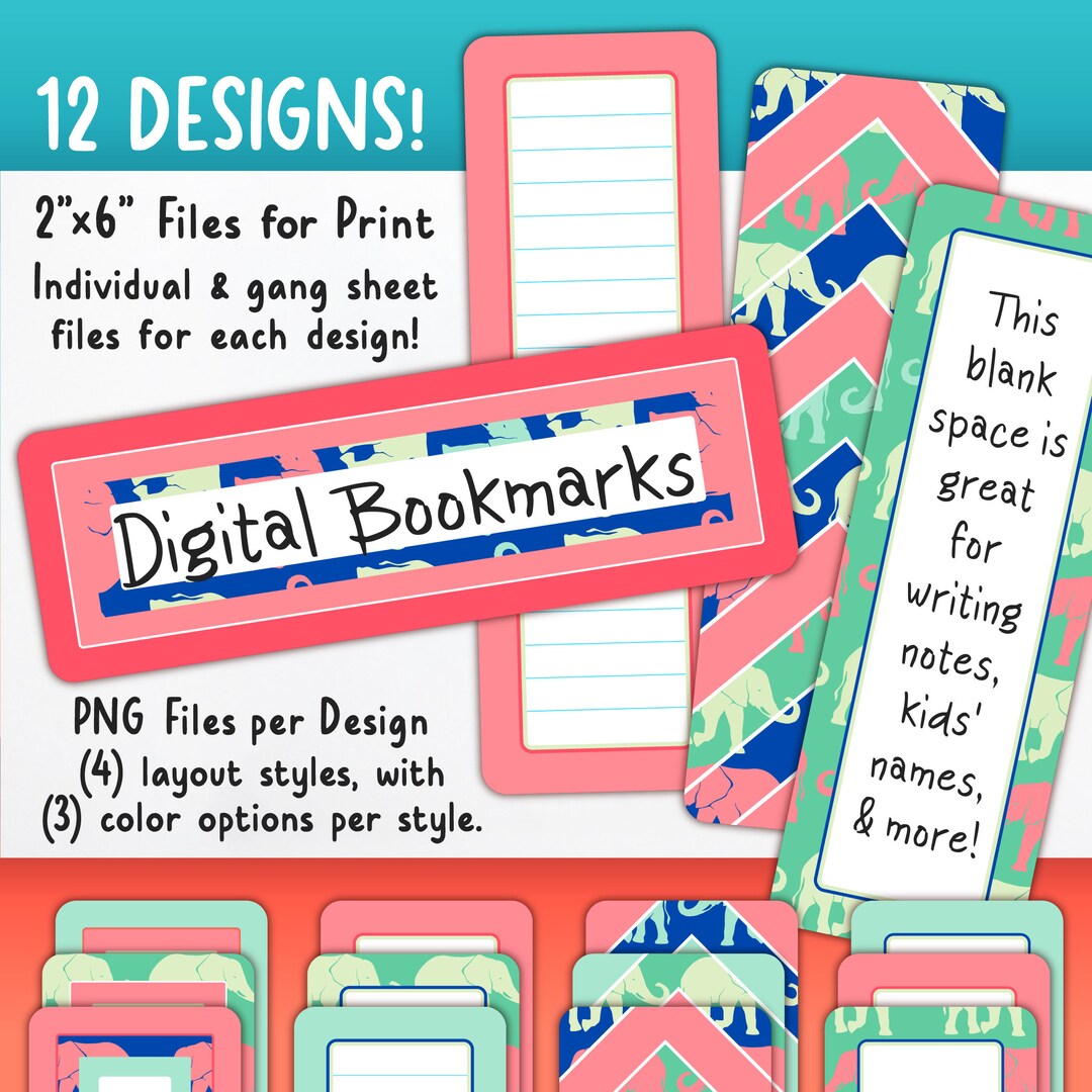 Digital Bookmark Printables, Clipart Bundle Set of 12 | Lined + Blank ...