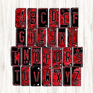 Red License Plate Alphabet, Mix Match Letters, Grunge & Leopard Print ...