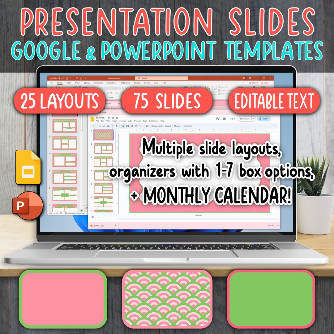 Google Slide & Powerpoint Templates editable Pink and Green - Etsy