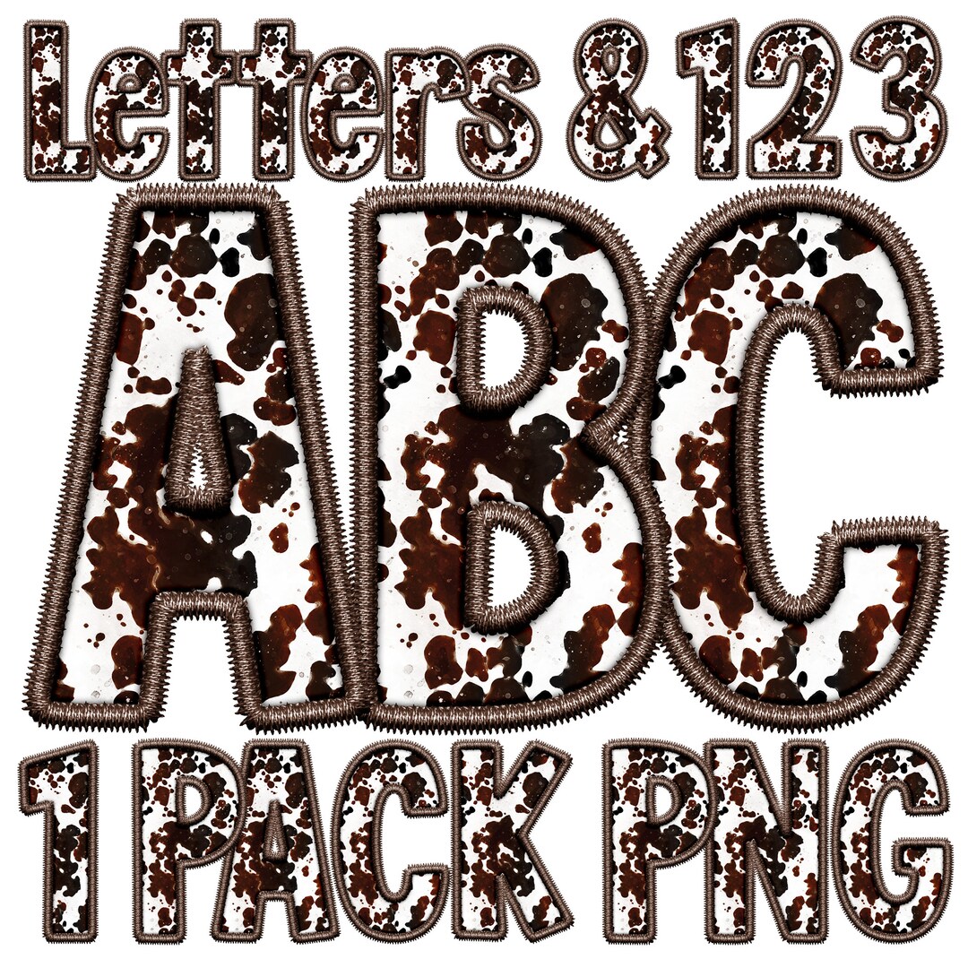 Digital Cow Print PNG Alphabet, Faux Embroidery White Black Brown ...