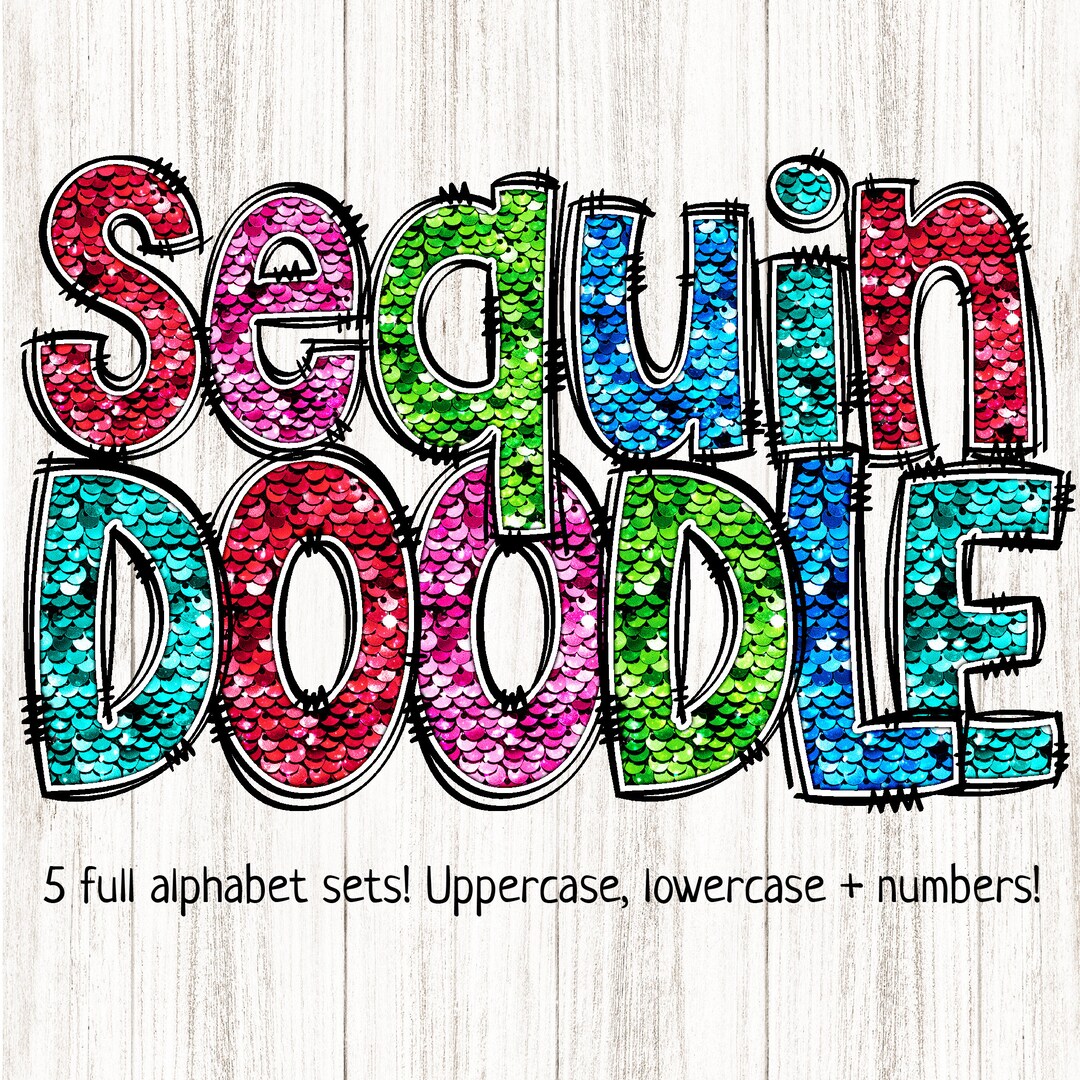Doodle Alphabet PNG Bundle, 5 Sets in Christmas Brights Sequins, Pink ...