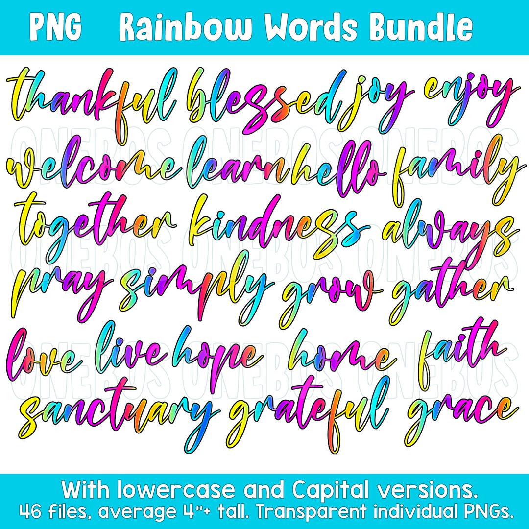 Word PNG Bundle, Rainbow Cursive Ombre Gradient Wording, Blessed ...