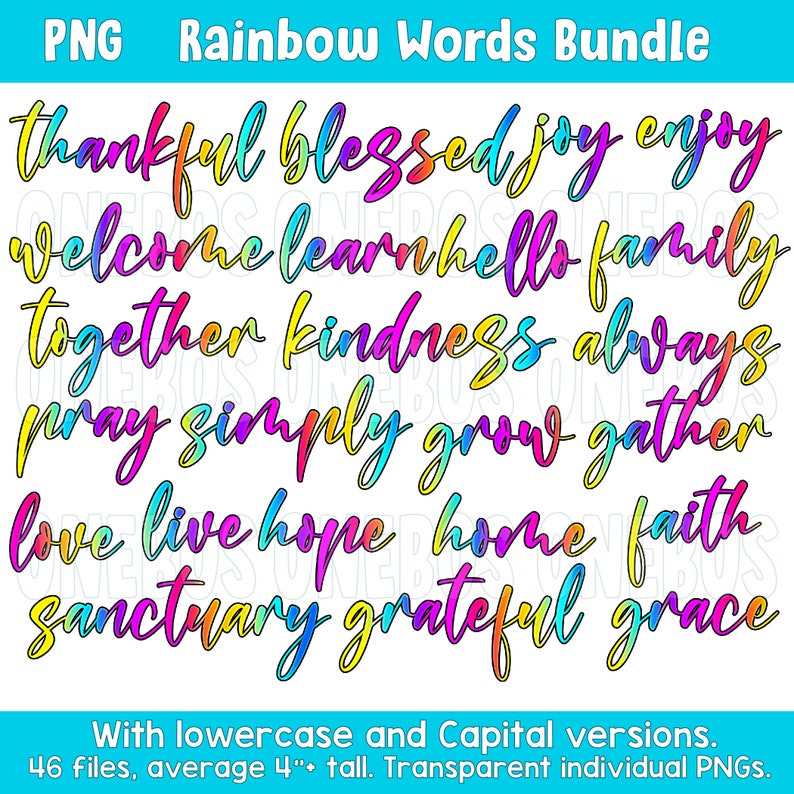 Word PNG Bundle Rainbow Cursive Ombre Gradient Wording - Etsy