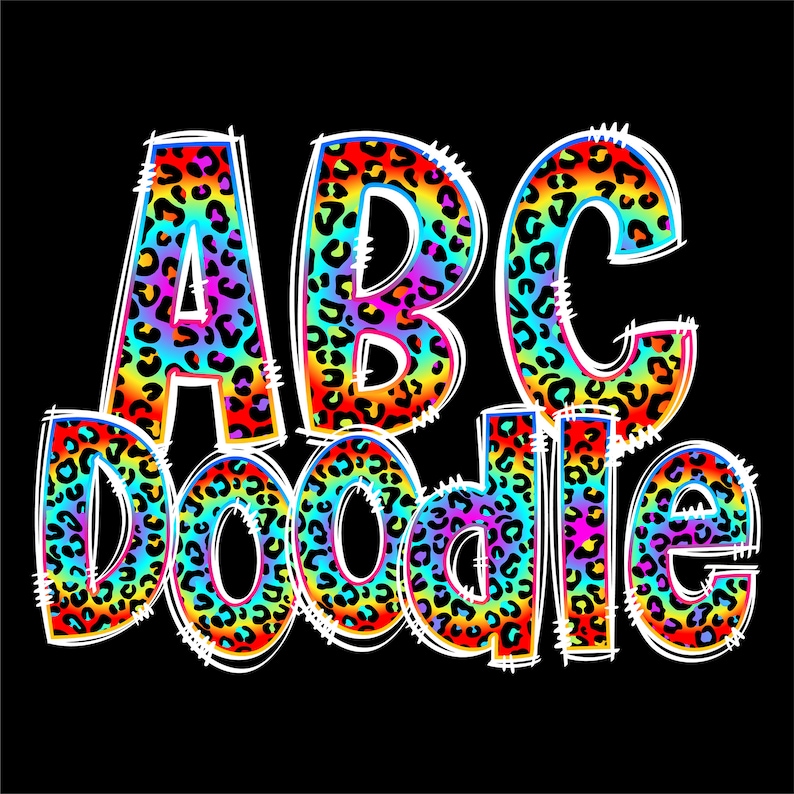 Rainbow Leopard Alphabet With White Outline, Doodle Letters Leopard ...