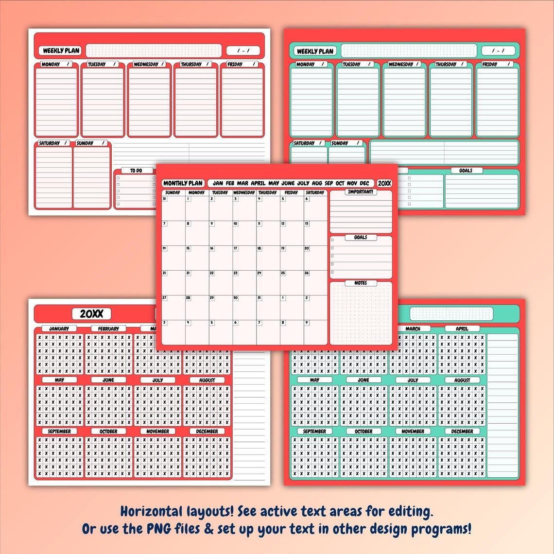 Calendar Pack - Editable Daily | Weekly | Monthly | Yearly | Red, Sea ...
