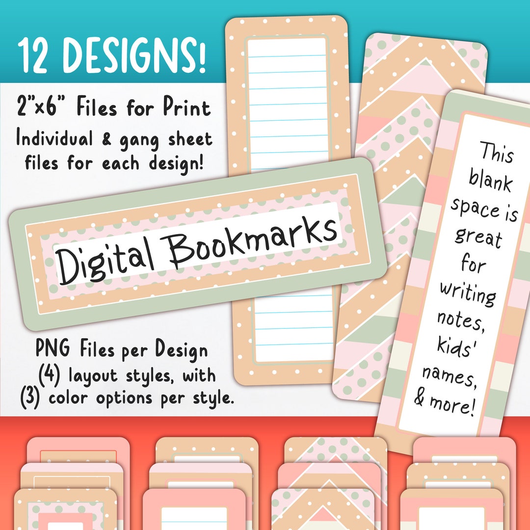 Digital Bookmarks (printable), Clipart Bundle Set of 12 | Lined & Blank ...