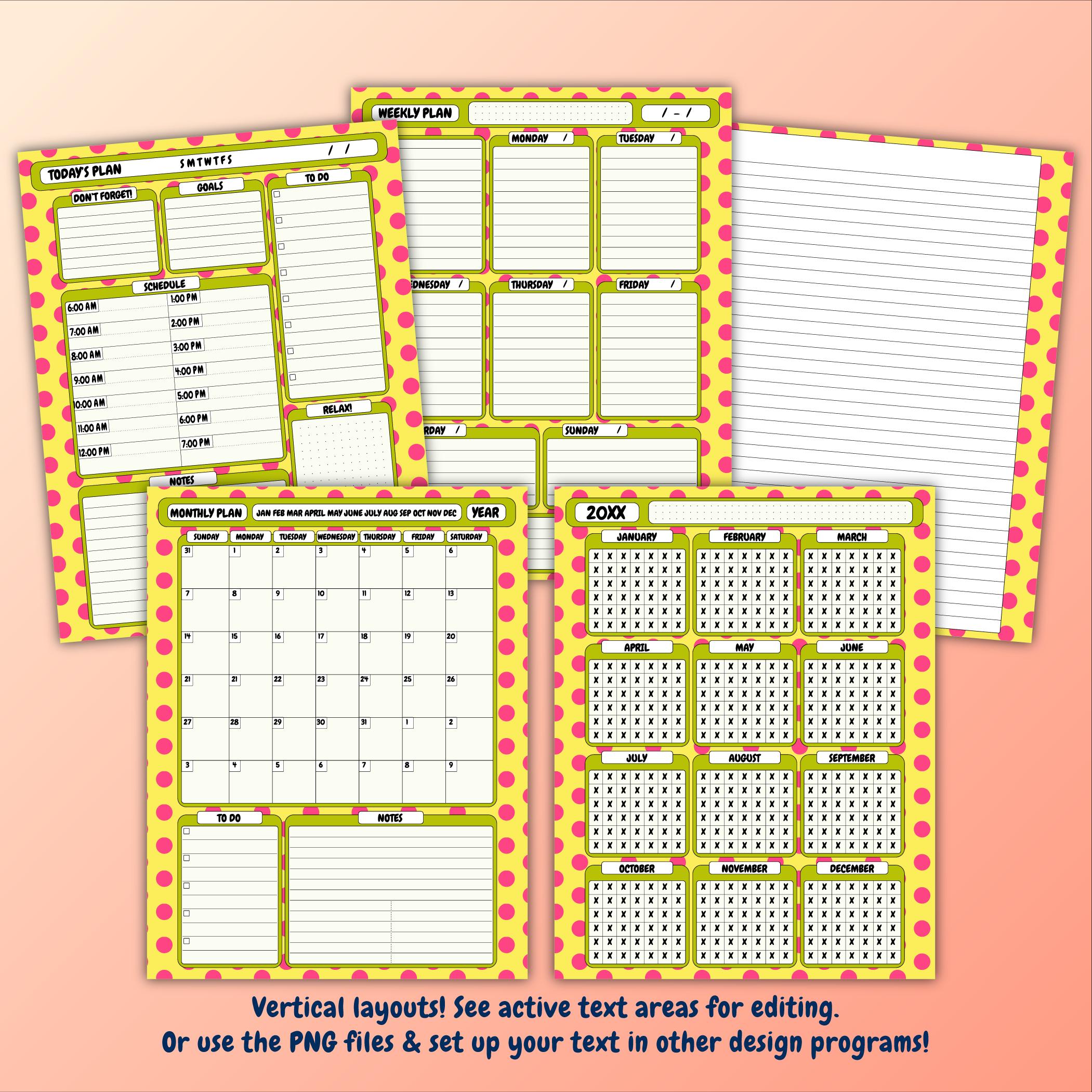 Calendar Pack - Editable Daily | Weekly | Monthly | Yearly | Polka Dots ...