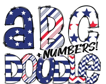 Doodle Font USA Flag Doodle Letters, Red White Blue Alphabet Pack ...