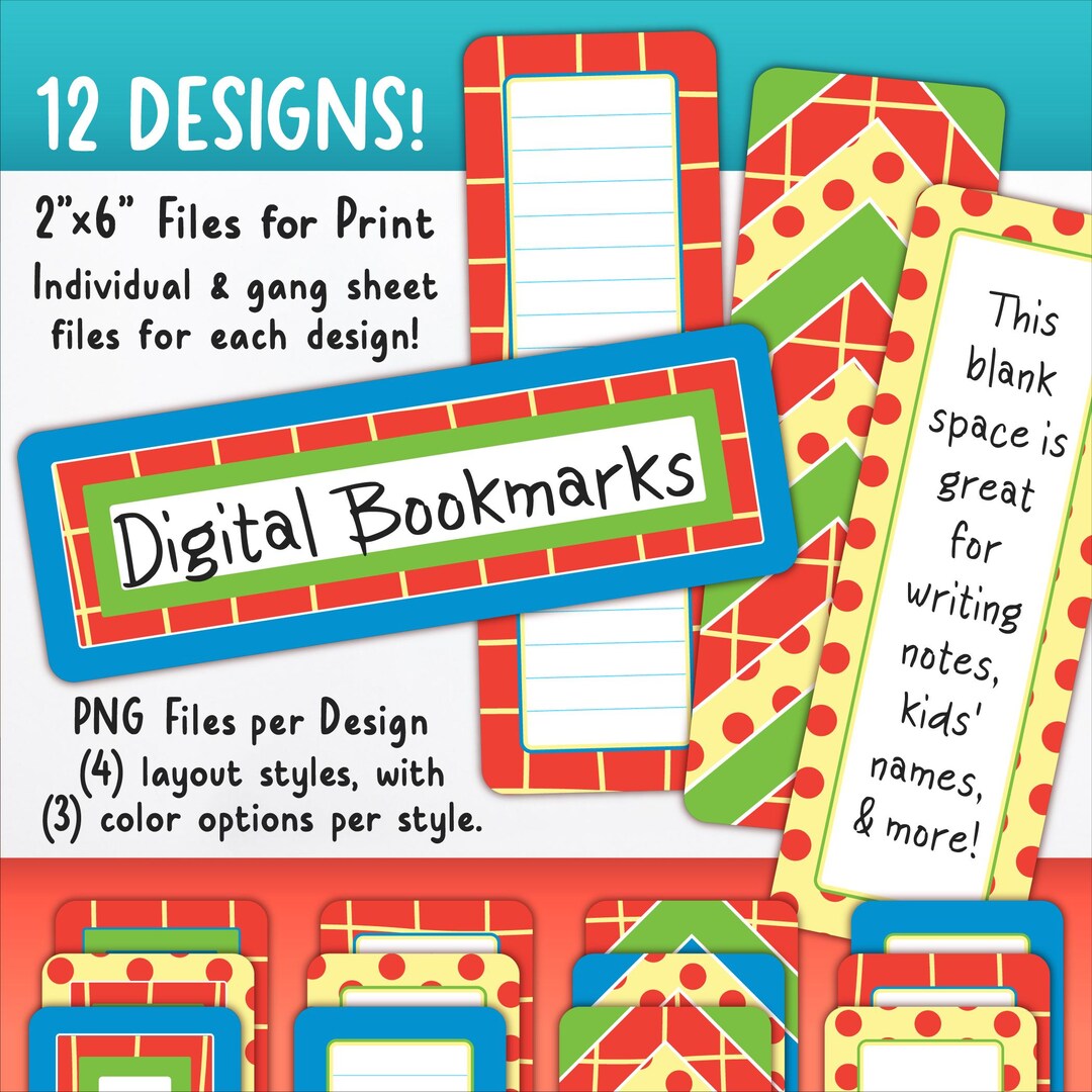 Digital Bookmarks (printable), Clipart Bundle Set of 12 | Lined & Blank ...