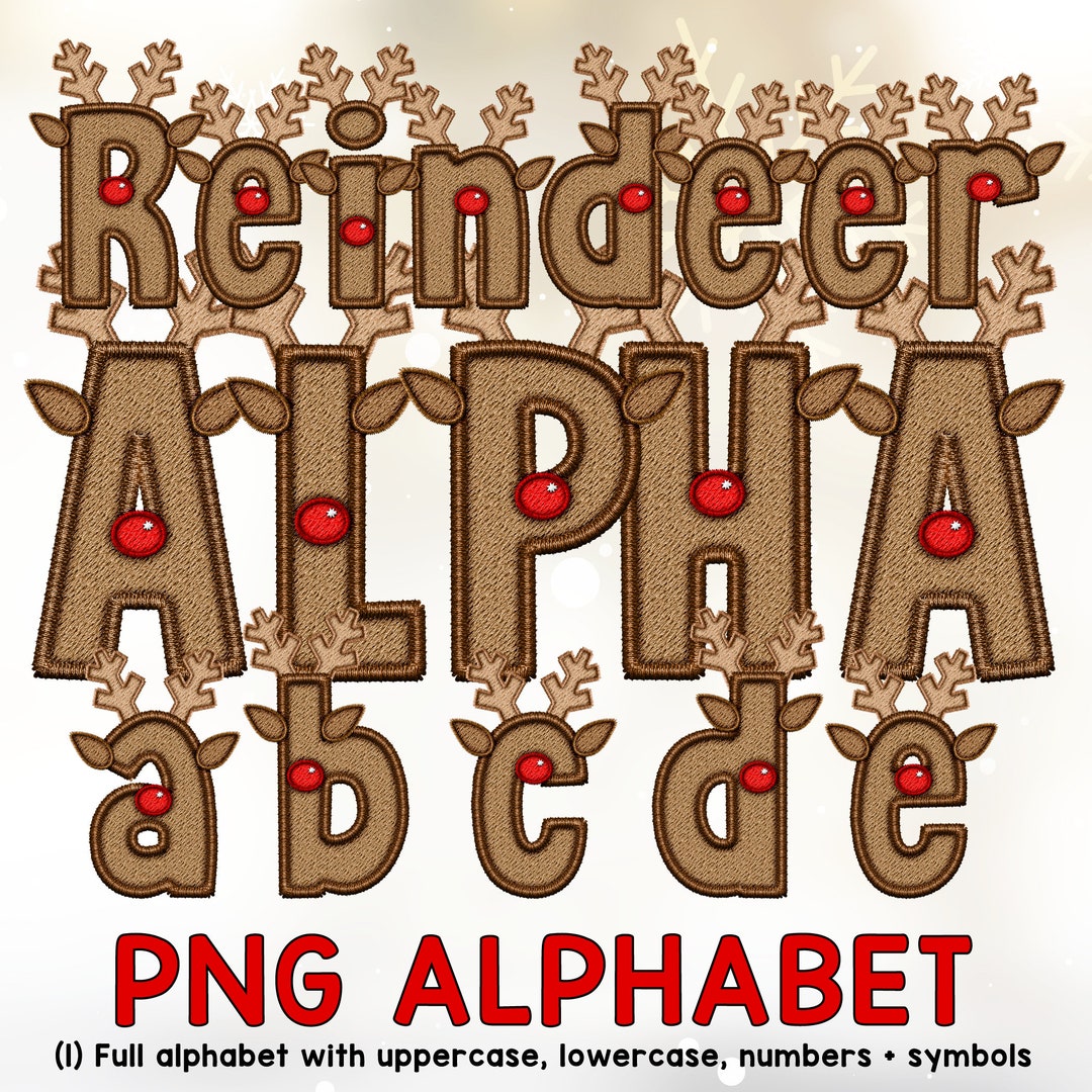 Christmas Reindeer PNG Alphabet, Faux Embroidery Classic Stitch Patch ...