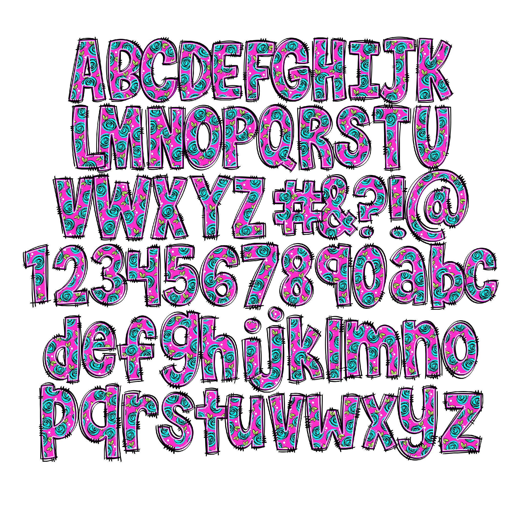 Doodle Floral PNG Alphabets, Pink Blue Mint, Hand Drawn Flowers, Pastel ...