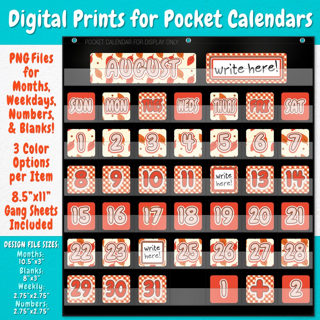 Wall Calendar - Pocket Chart, Fall & Autumn Red Brown Leaf and Plaid ...
