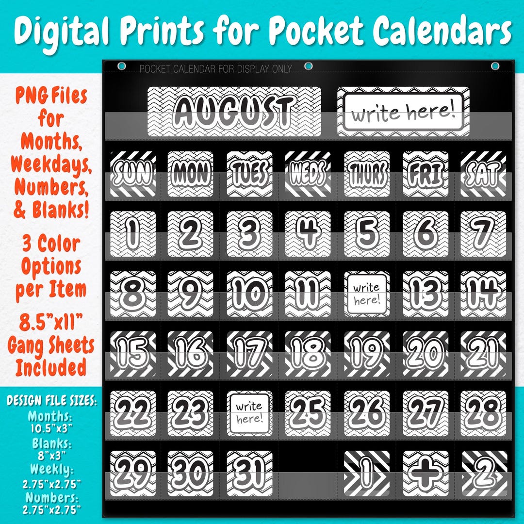 Wall Calendar - Pocket Chart for Teachers | Black, White, Ink Saver ...