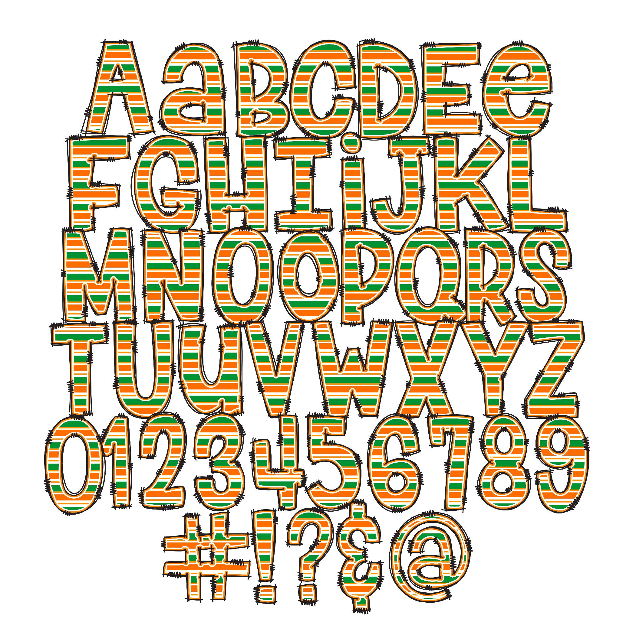 March Alphabet, 8 Set Bundle, Doodle Letters, Green & Orange Pattern ...