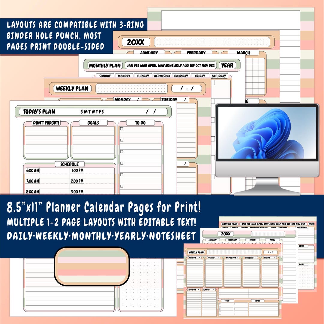 Calendar Pack - Editable Daily | Weekly | Monthly | Yearly | Stripes ...
