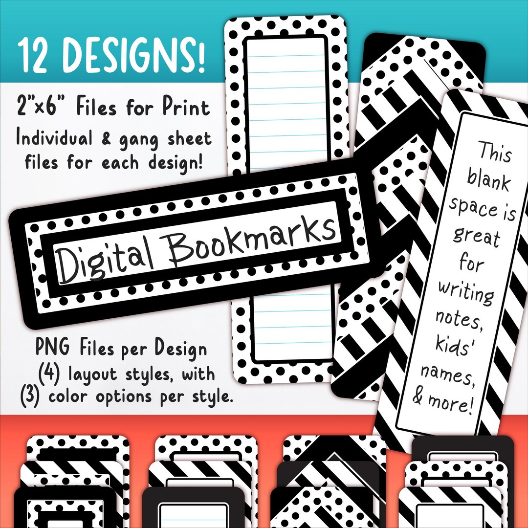 Digital Bookmarks (printable), Clipart Bundle Set of 12 | Lined & Blank ...