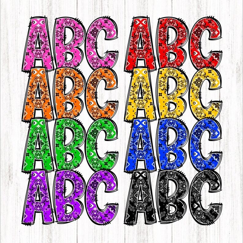 Bandana Doodle Letters Bundle, Bandana Alphabets, Red, Orange, Yellow ...