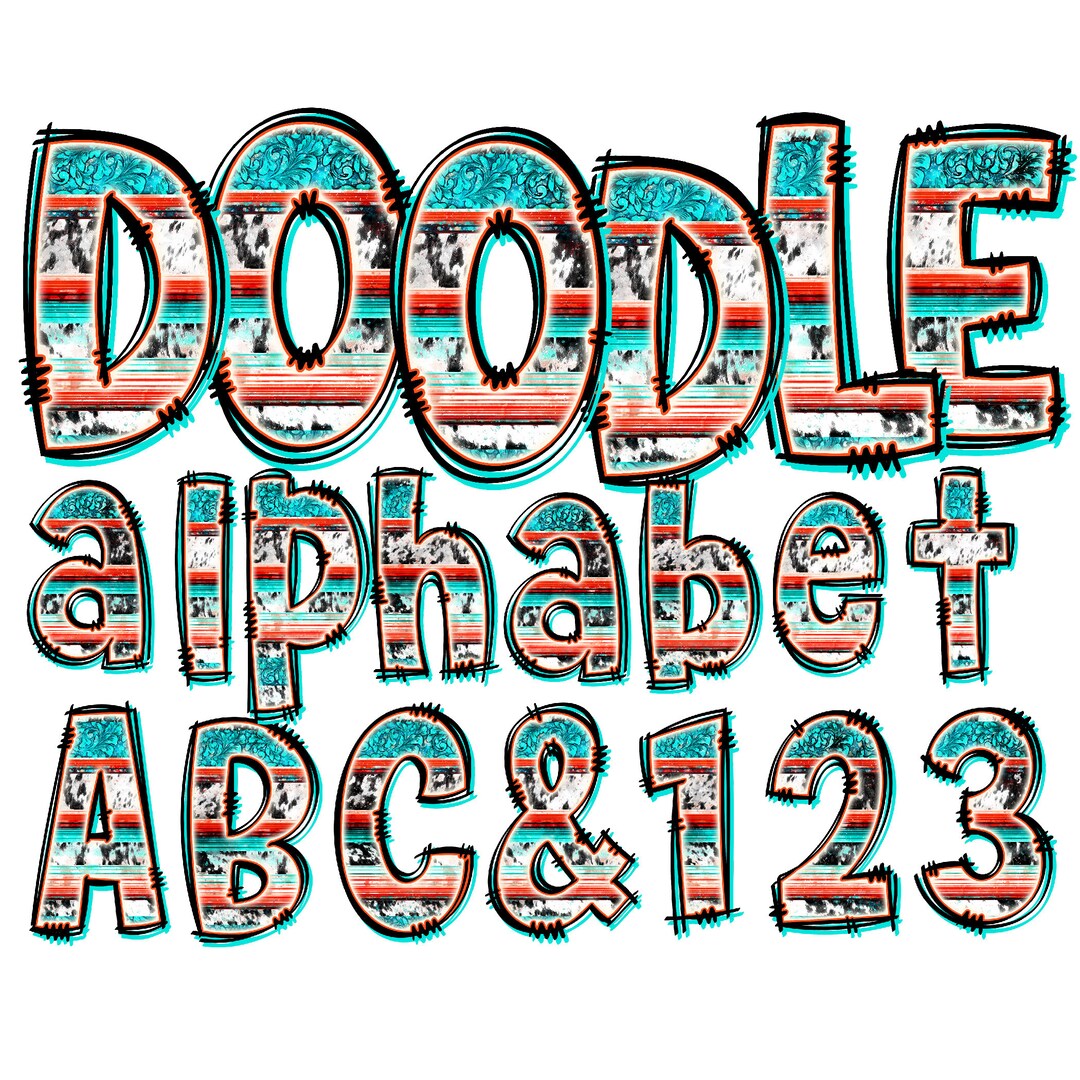 Turquoise Cow Serape Alphabet, Uppercase Lowercase and Numbers, Doodle ...