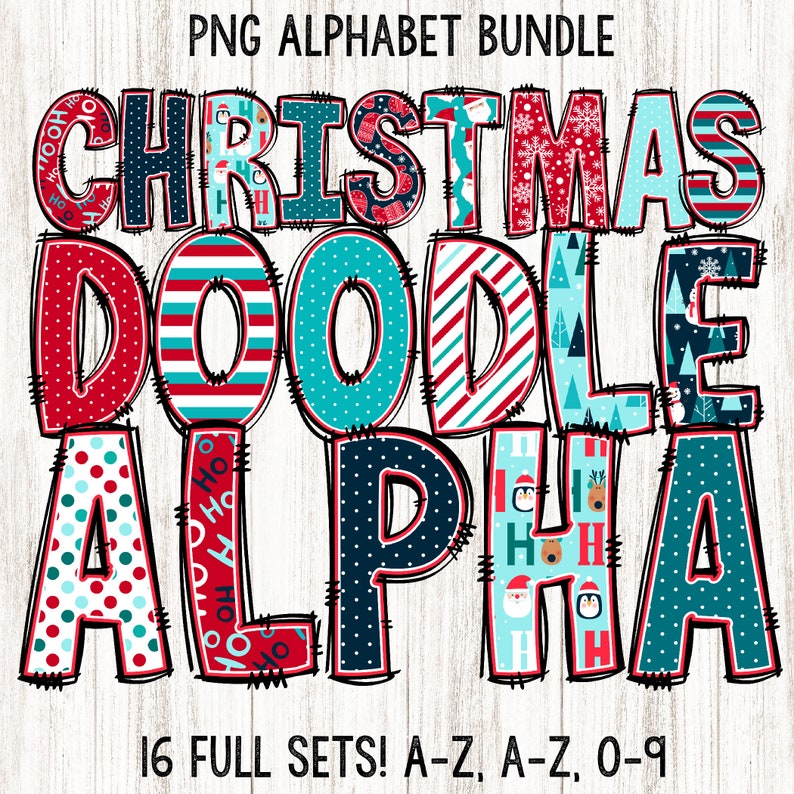 Doodle Alphabet Bundle, 16 Sets in Christmas Paper Patterns, Bonus ...