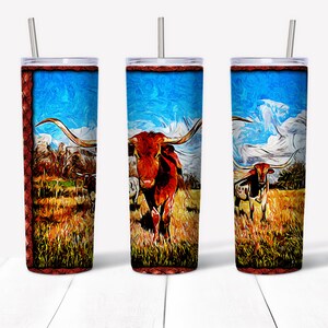 Longhorn Painting Tumbler Art Wrap, Country Western, Leather Belt Seam ...