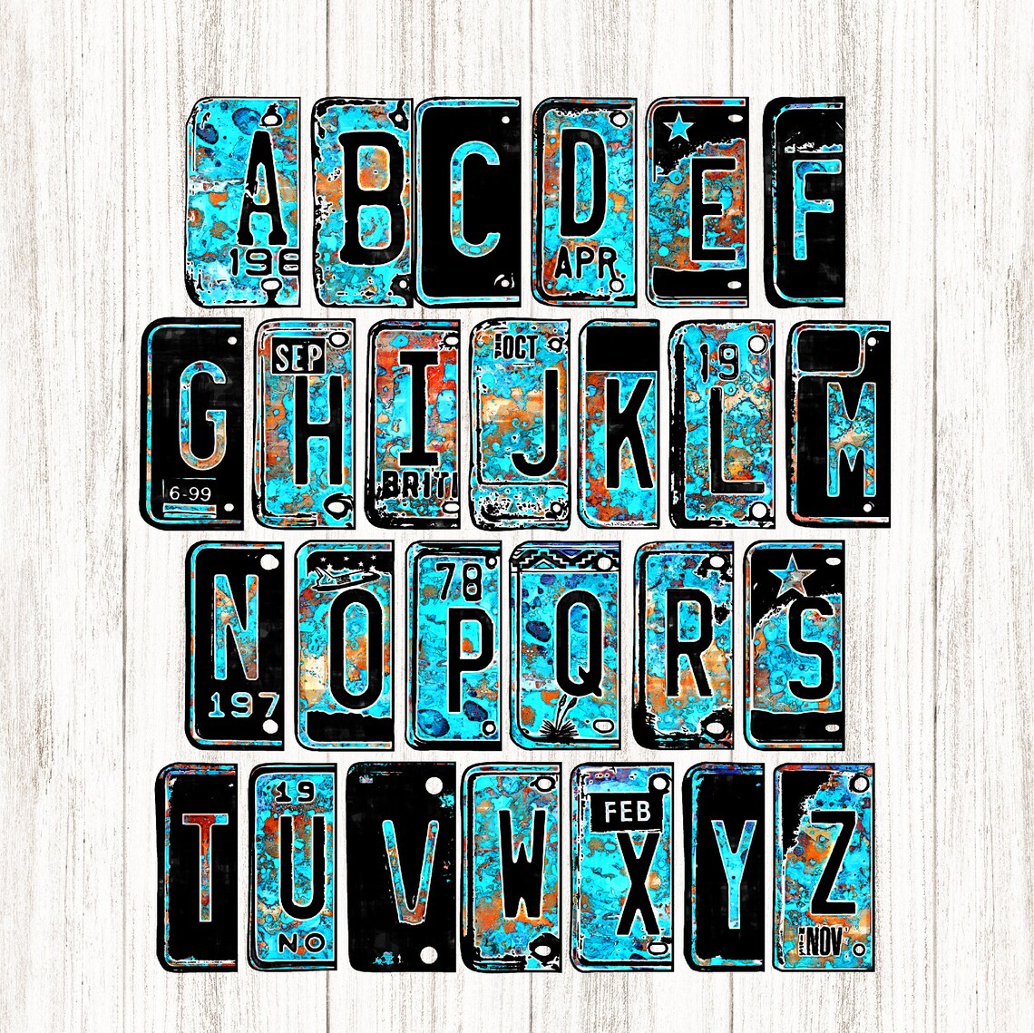 License Plate Alphabet Teal Turquoise Coral Alpha Grunge - Etsy
