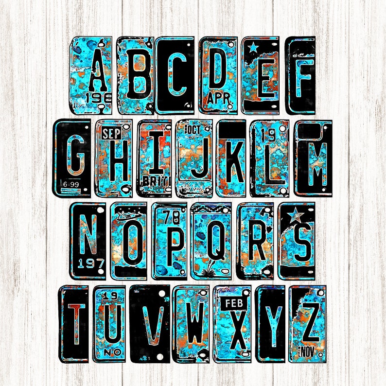 License Plate Alphabet Teal Turquoise Coral Alpha Grunge - Etsy